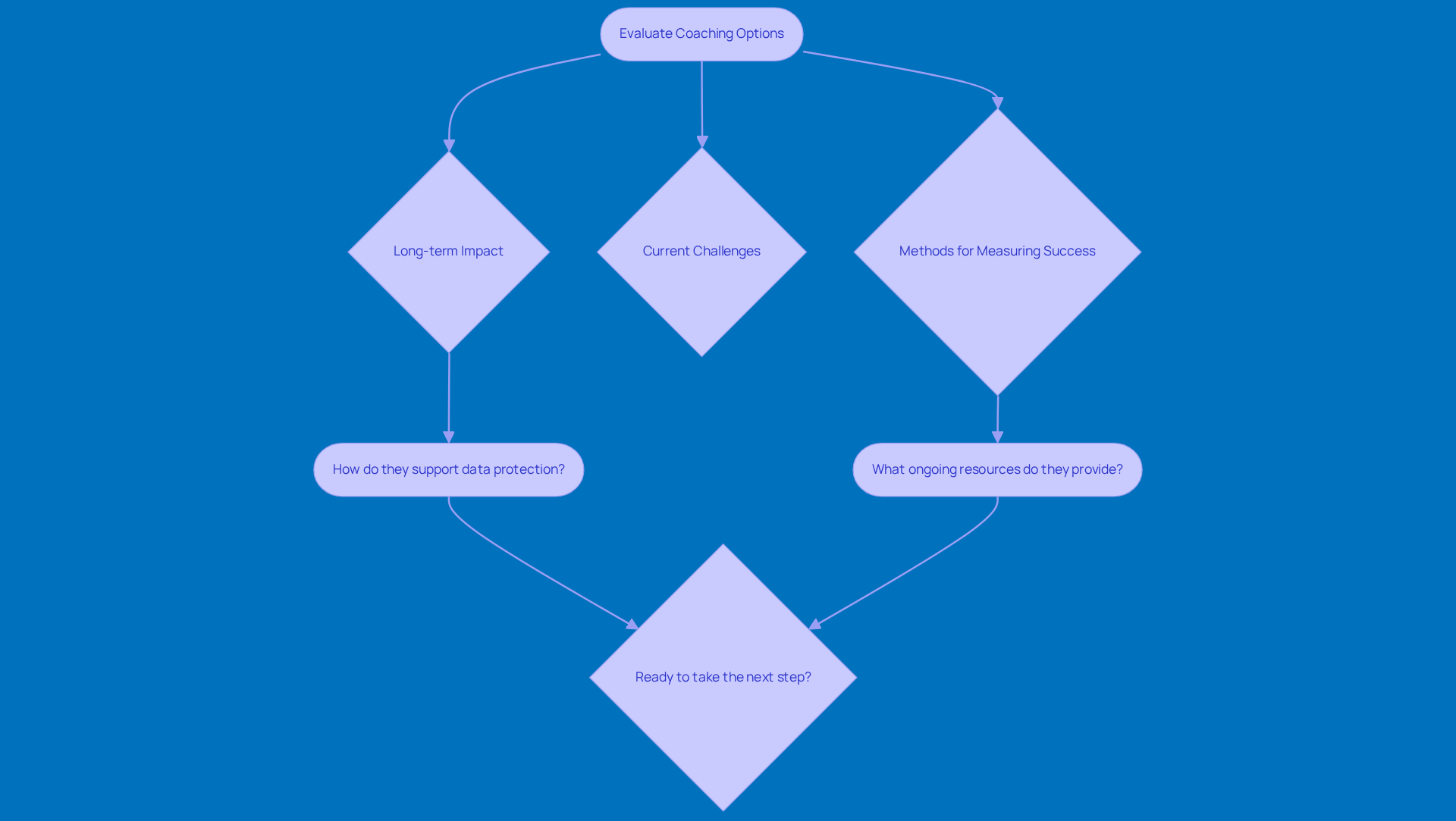 Follow the arrows to see how to evaluate coaching options. Each box represents a key consideration or question you should think about when choosing a mentor, helping you understand how to make a decision that benefits your agency in the long run.