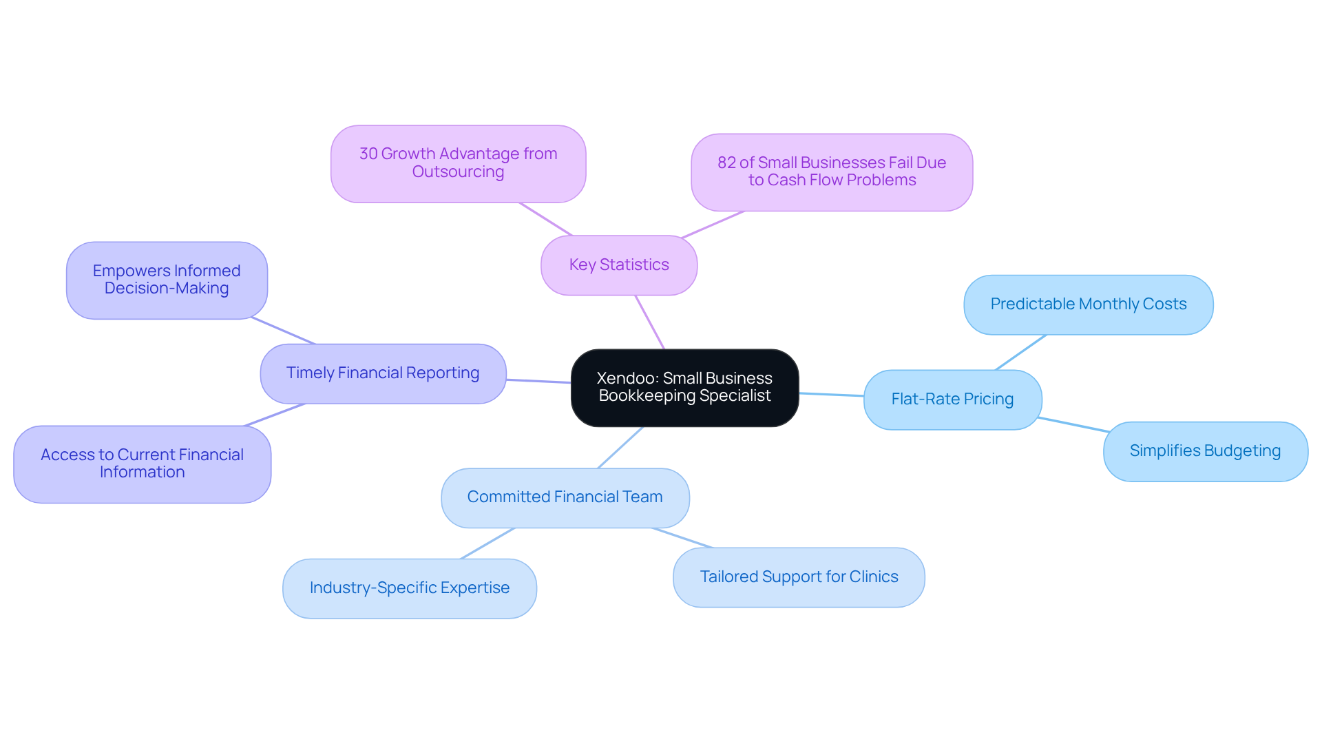 The central node represents Xendoo's services, while the branches show key features and supporting statistics. Each color-coded branch helps you quickly identify different aspects of their offerings.