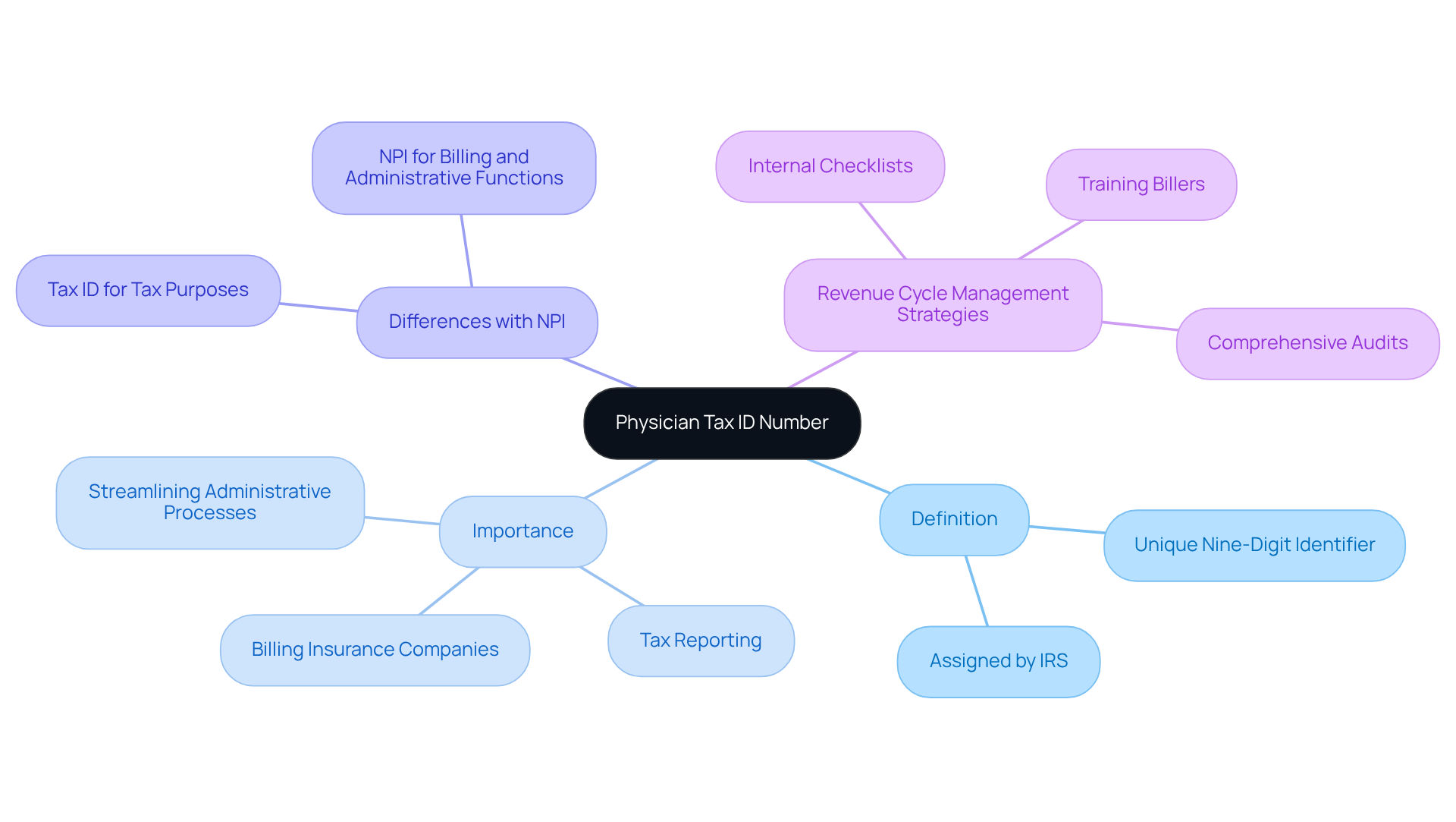 The central node represents the Physician Tax ID Number, while the branches show related topics and strategies. Each color-coded branch helps you see how different aspects connect to the main idea.