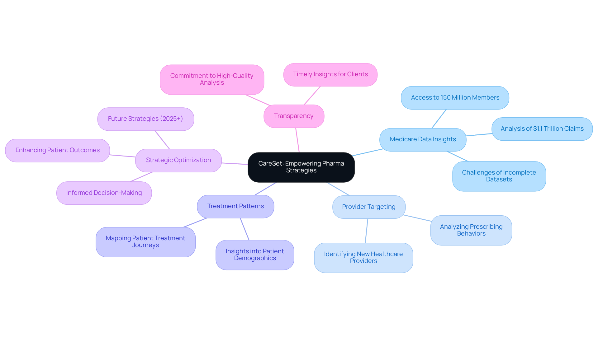 Start at the center with CareSet's role, then follow the branches to see how their insights influence various strategies and address challenges in the pharmaceutical landscape.