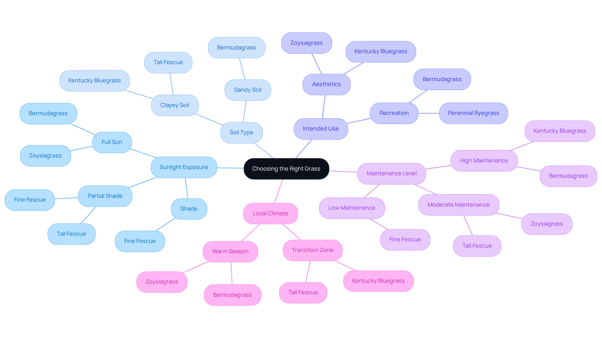 The central node represents the main topic of grass selection. Each branch shows a key factor to consider, with further details on what to think about under each factor. This layout helps you see how different aspects relate to your choice of turf.