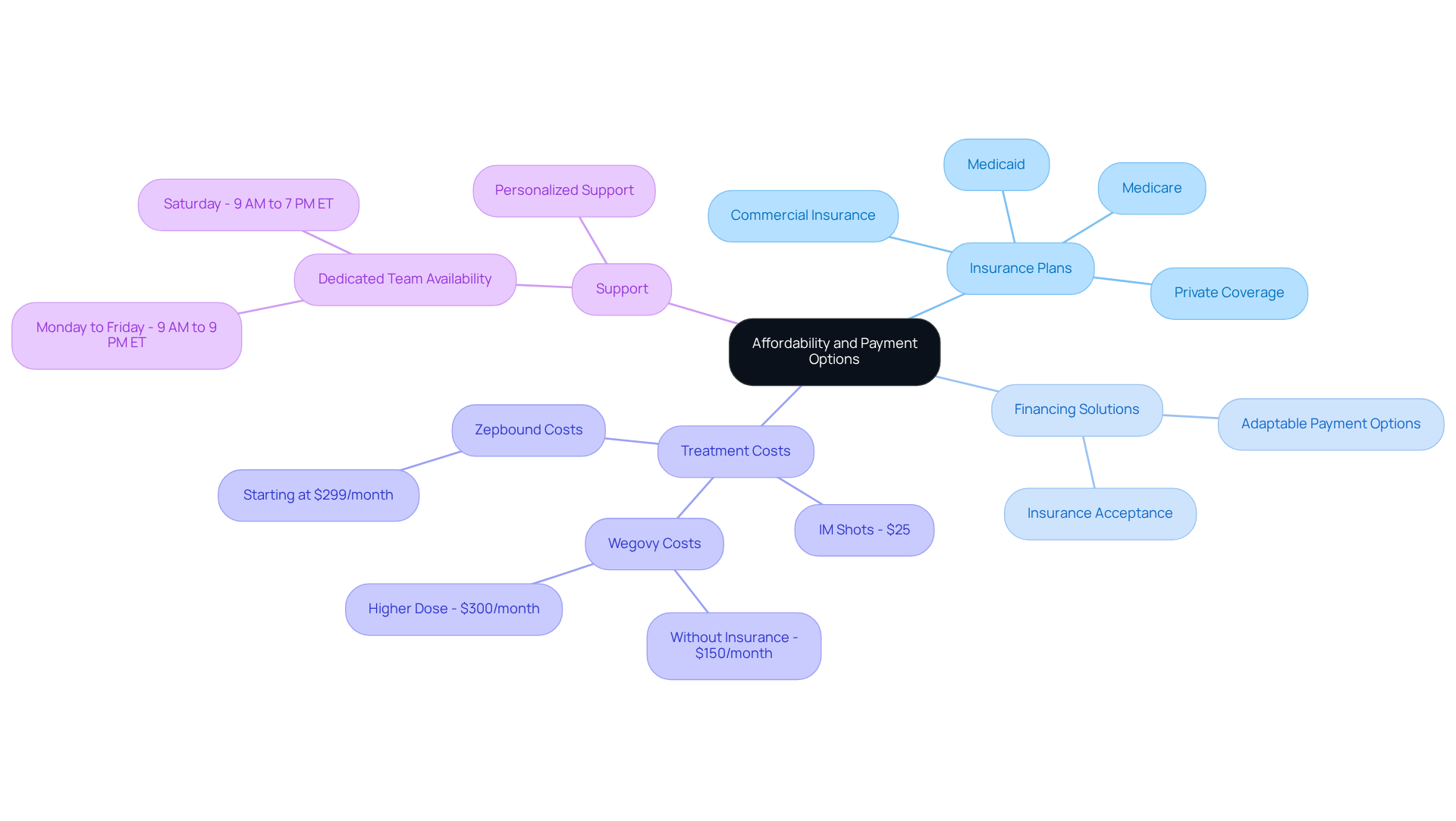 Start at the center with the main topic of affordability, then follow the branches to explore different payment options and support available. Each branch represents a key area that contributes to making the weight loss program accessible.