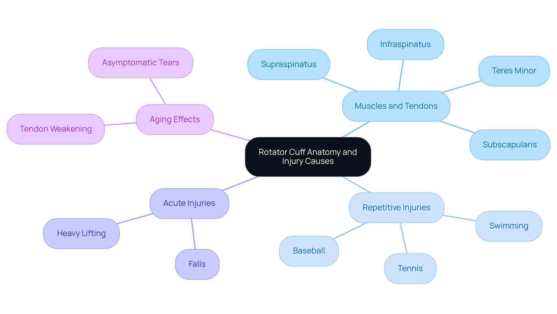 The central node represents the overall topic, while the branches show the key components and factors related to rotator cuff injuries. Each color-coded section helps you see how anatomy and injury causes are interconnected.