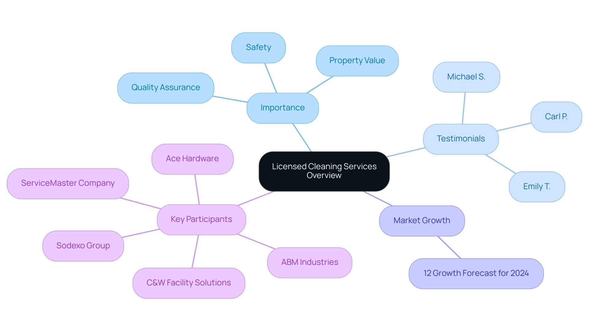 The central node represents the overview of licensed cleaning services, with branches indicating key themes such as importance, testimonials, market growth, and key participants.