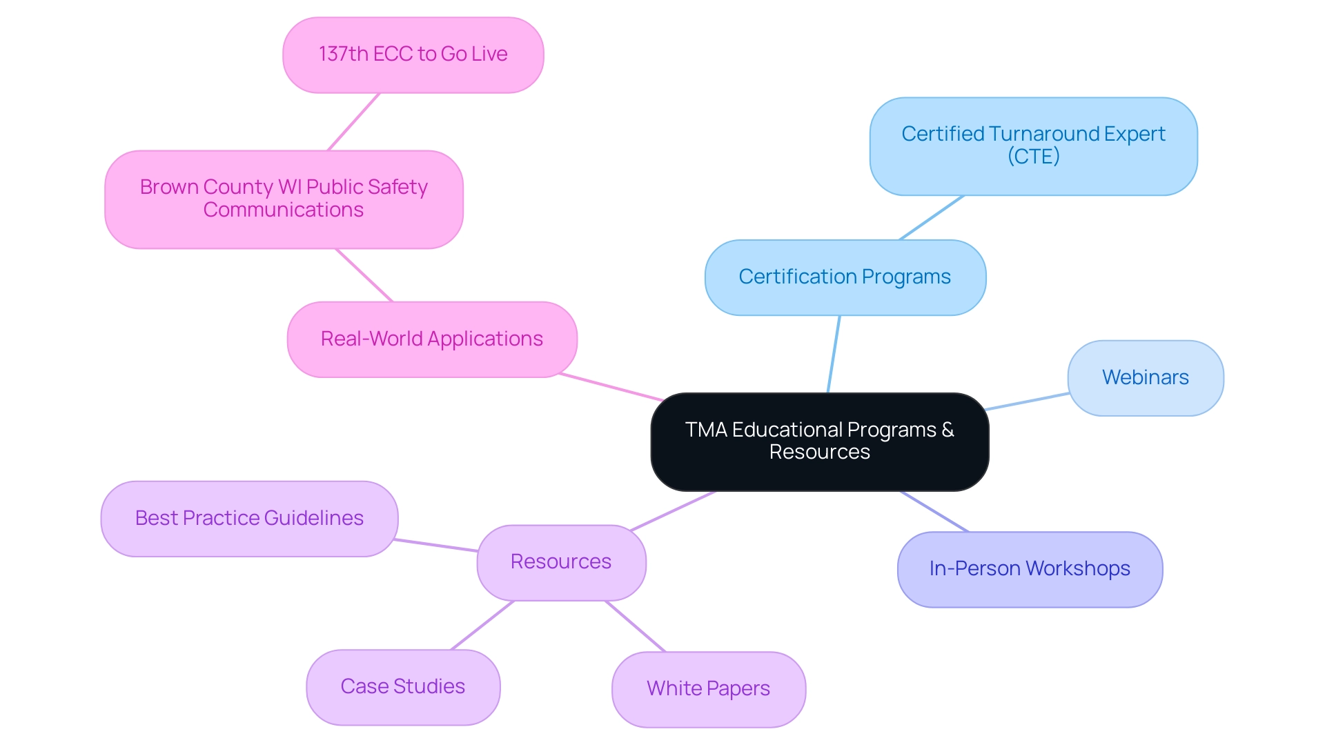 The central node represents the TMA's offerings, with branches for main categories of educational programs and resources, each distinguished by unique colors.