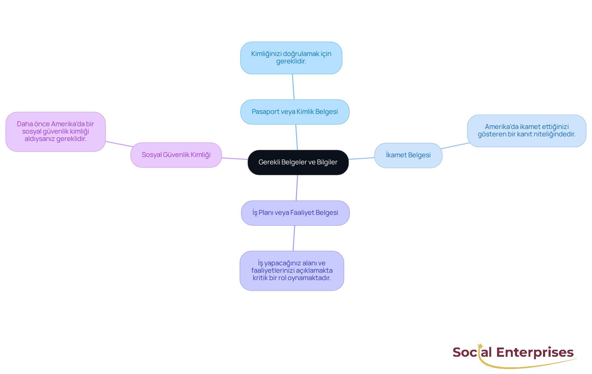 Bu mindmap, vergi numarası almak için hangi belgelerin gerektiğini gösteriyor. Her bir dal, o belge için hangi nedenlerin önemli olduğunu belirtir; böylece belgeleri toplamak daha kolay olur.