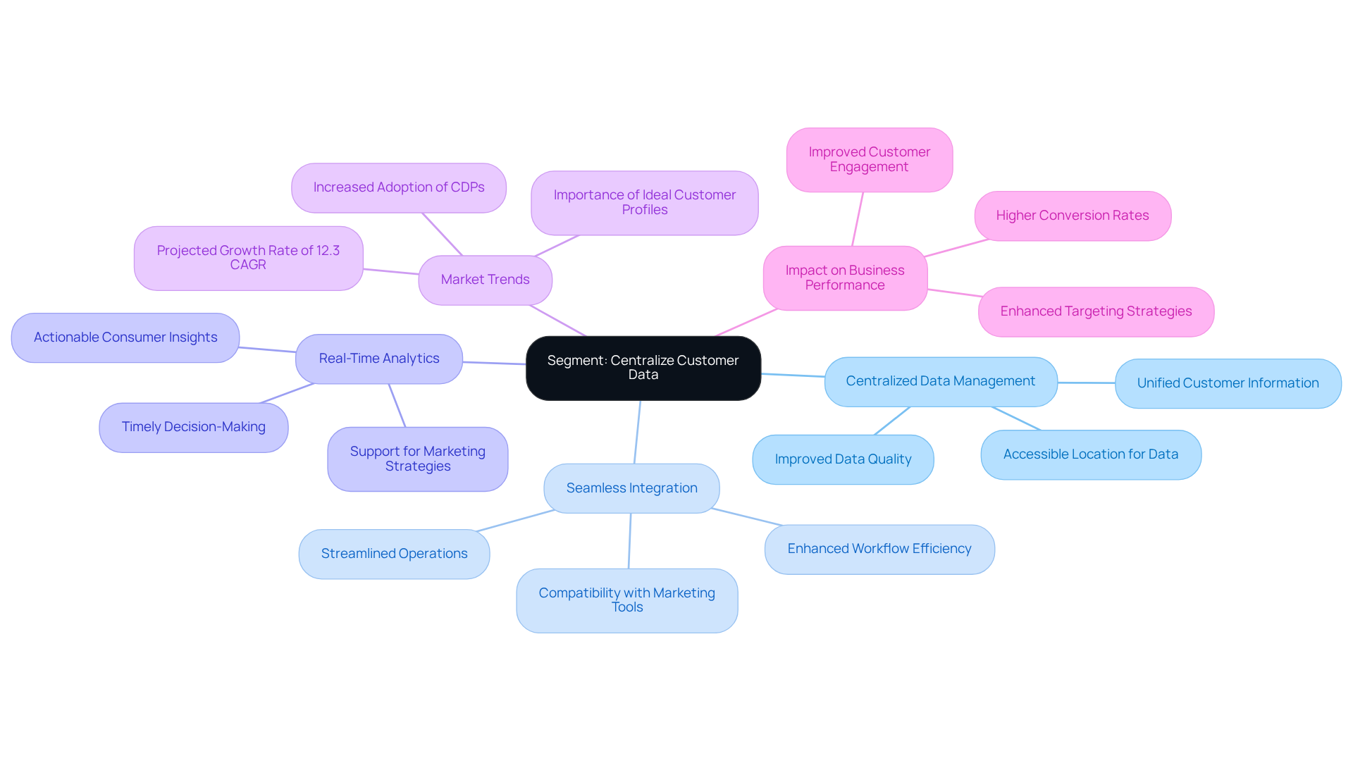Start at the center with Segment's main function, then explore the branches to see its features and how they contribute to better client profiles and marketing strategies.