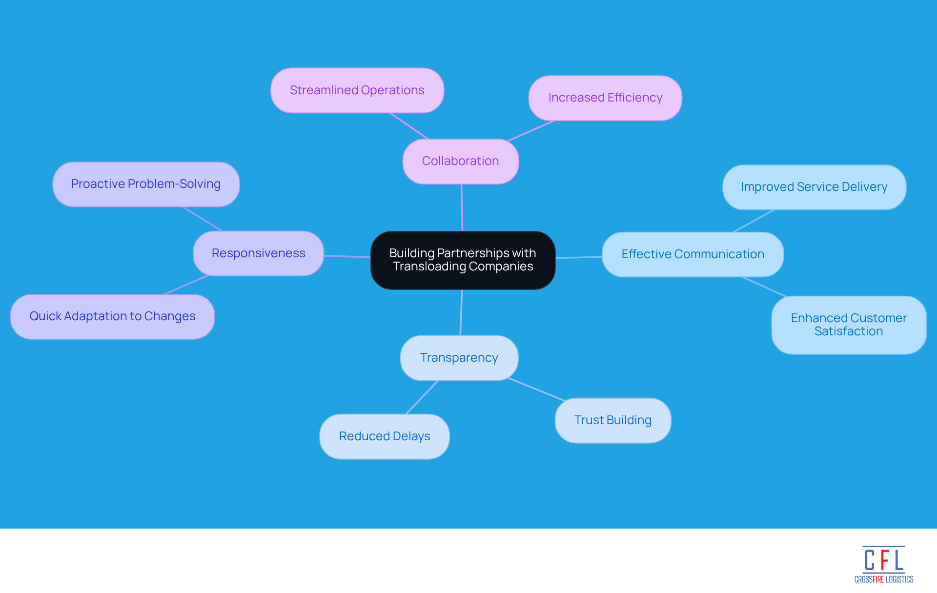 The central idea is about building strong partnerships. Each branch represents a key element that contributes to successful logistics operations, showing how they interconnect to enhance efficiency and customer satisfaction.
