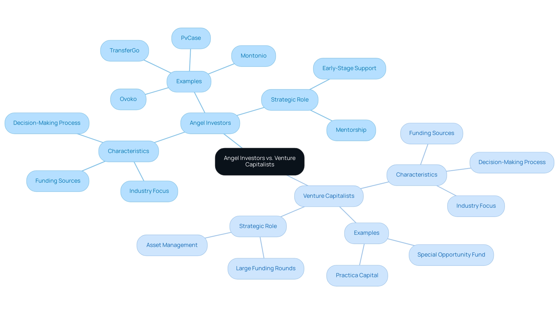 Blue branches represent Angel Investors and green branches represent Venture Capitalists, with sub-branches detailing their characteristics and examples.