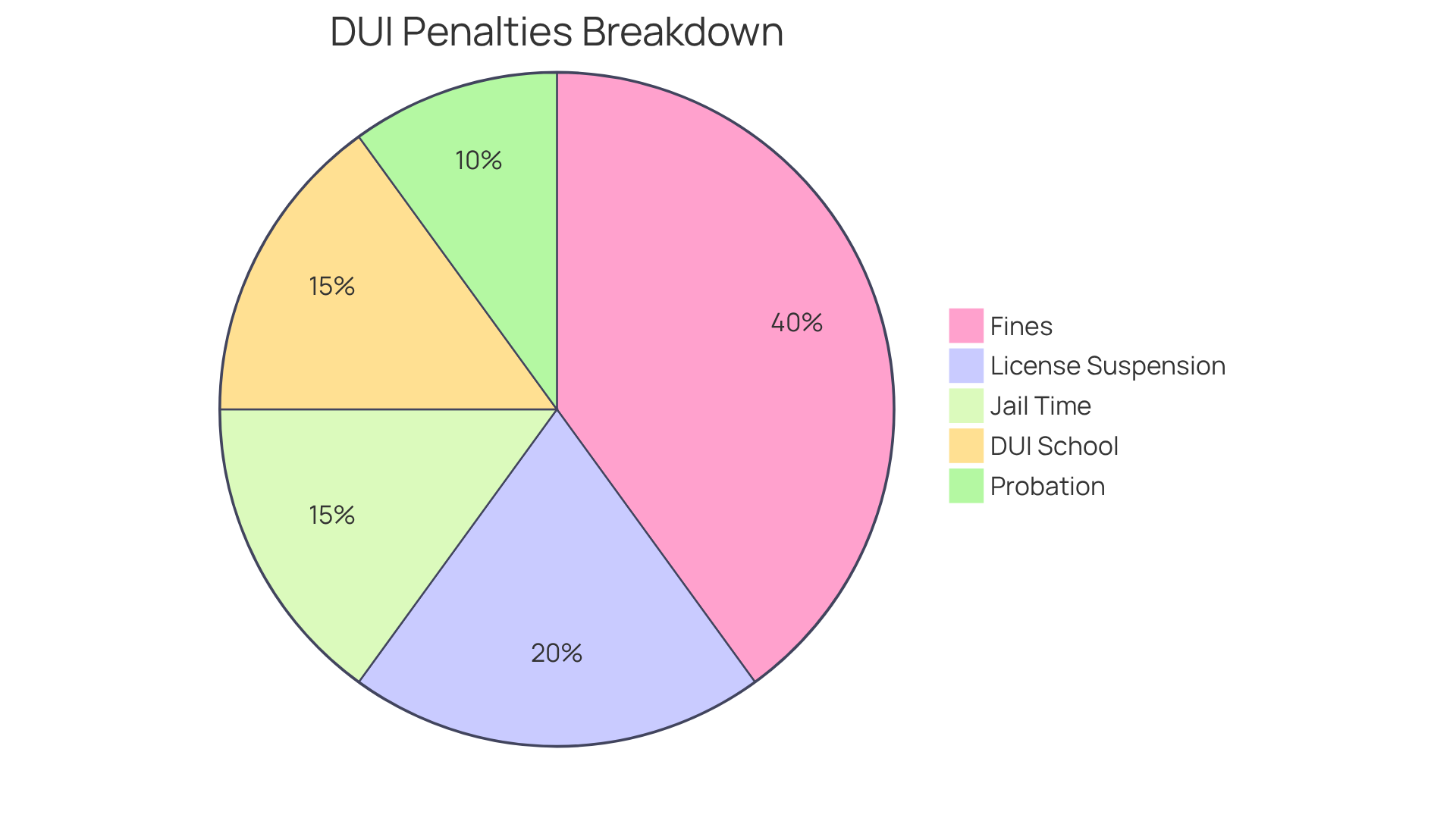 Each slice of the pie shows a different penalty for a first DUI offense. The size of each slice indicates how significant that penalty is compared to the others. For example, a larger slice means that penalty is more common or has a greater impact. Each slice of the pie shows a different penalty for a first DUI offense. The size of each slice indicates how significant that penalty is compared to the others. For example, a larger slice means that penalty is more common or has a greater impact.