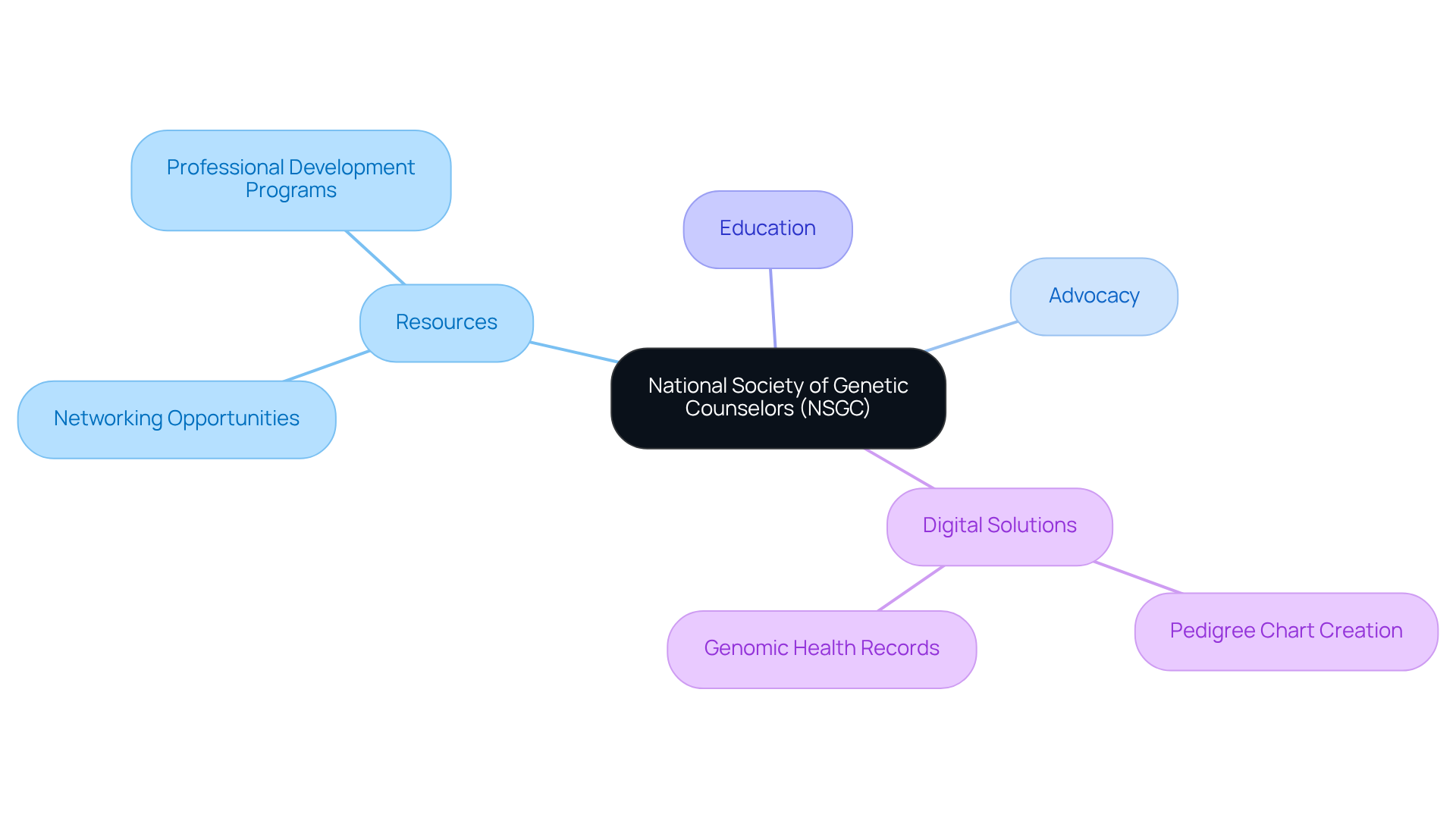 The center represents the NSGC, and the branches show the different ways it supports genetic counselors. Each branch leads to specific resources or tools that help professionals in their work.