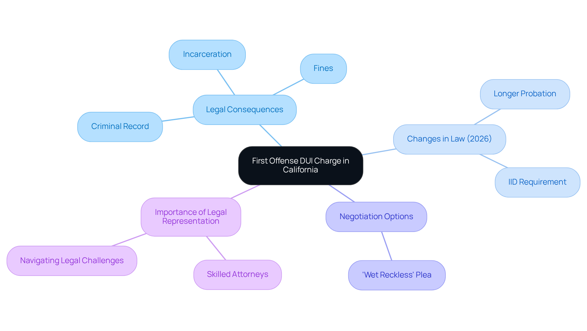 The central node represents the DUI charge, while the branches show the various aspects related to it. Each color-coded branch helps you see how different elements connect to the main topic, making it easier to grasp the full scope of the issue.
