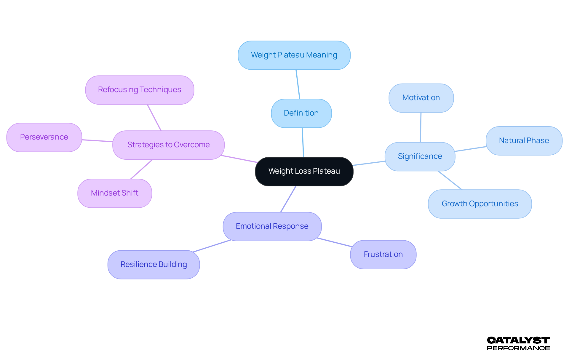 The central idea is the weight loss plateau, with branches showing its definition, why it matters, how it affects emotions, and ways to overcome it. Each branch helps you see the bigger picture of this common experience in weight loss.