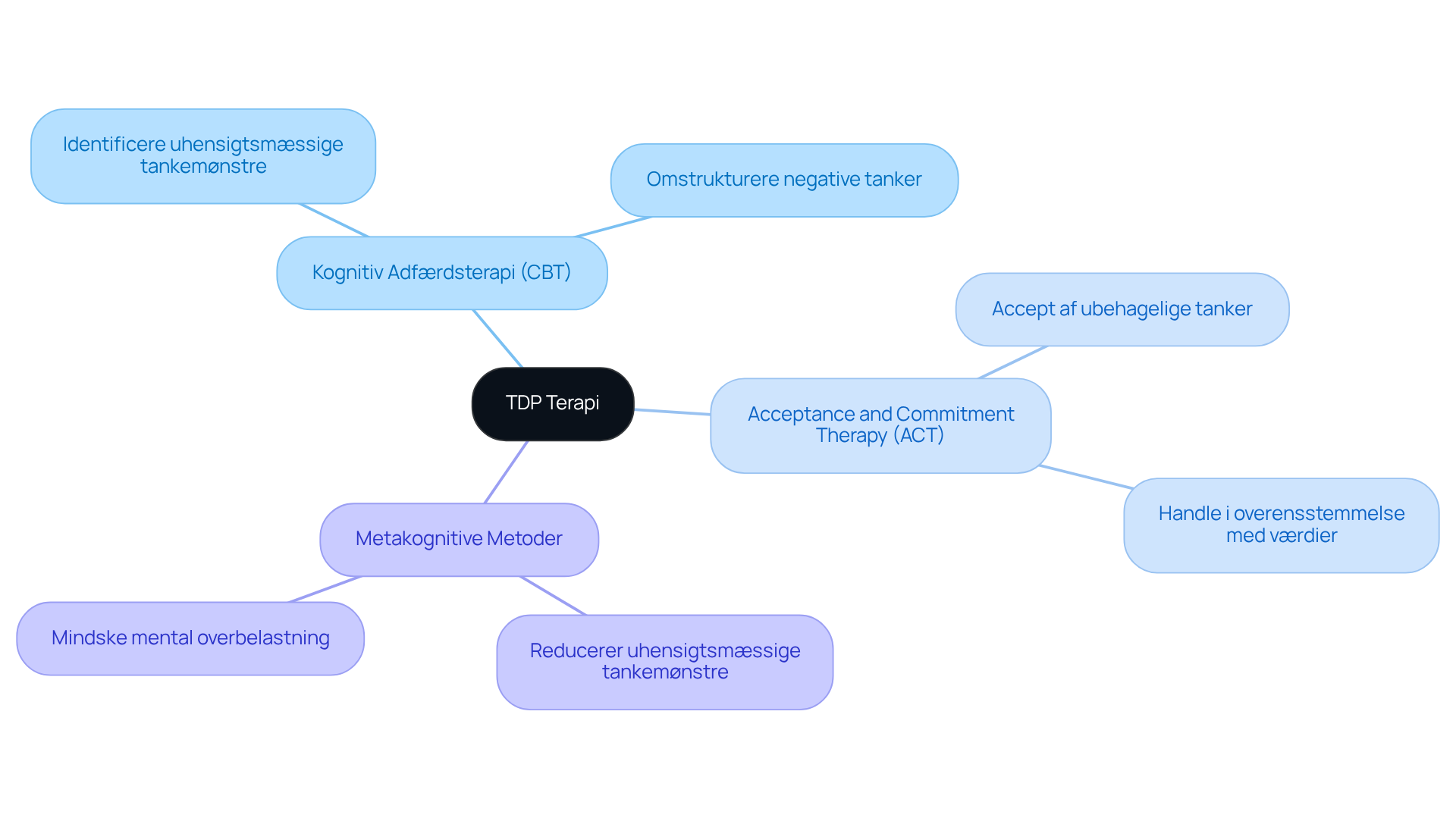 Den centrale node repræsenterer TDP terapi, og hver gren viser en metode, der bidrager til den skræddersyede tilgang. Følg grenene for at se, hvordan hver metode hjælper med at forbedre mental velvære.