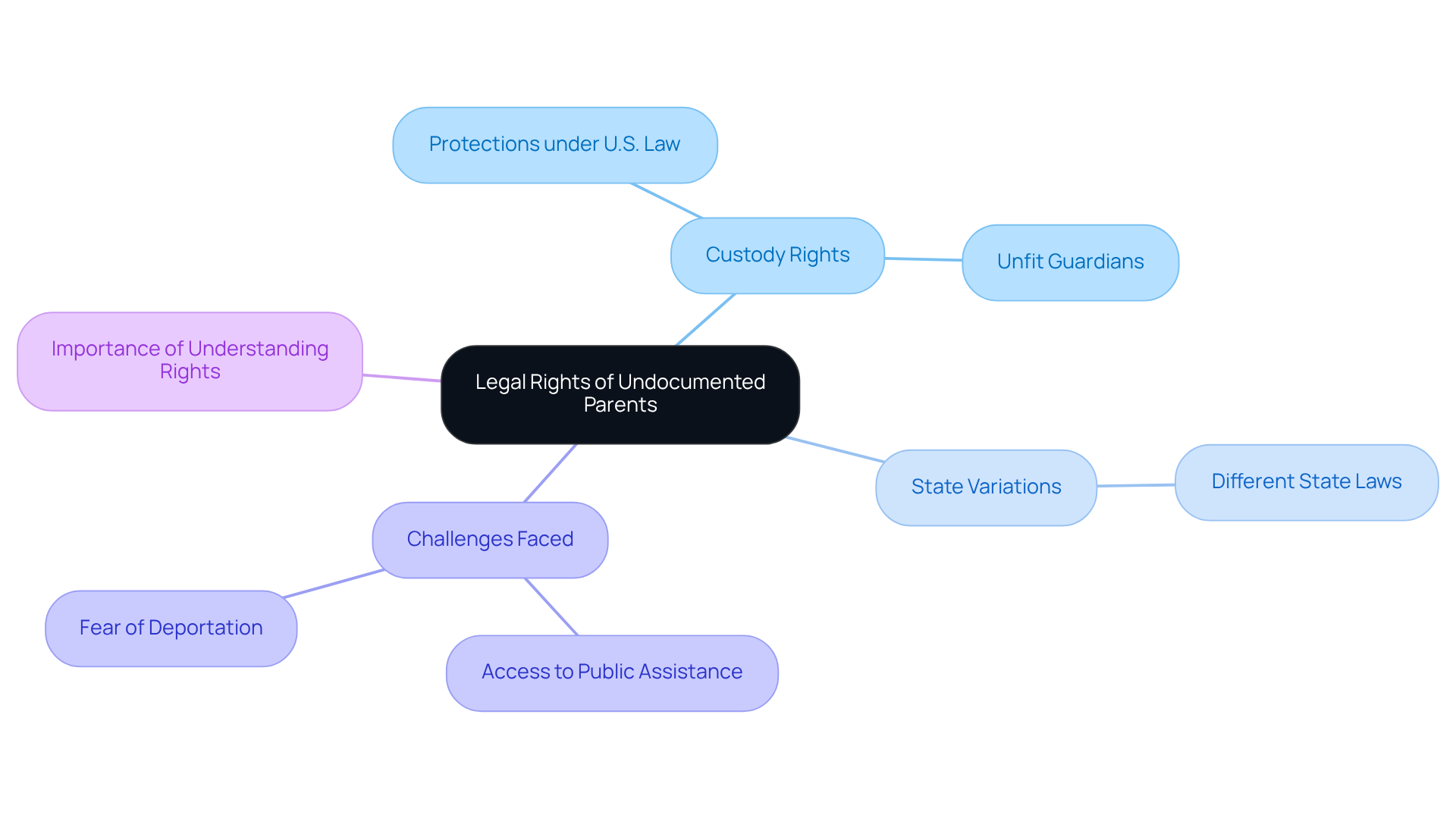 This mindmap shows the rights and challenges faced by undocumented parents. Start at the center to see the main topic, then follow the branches to explore custody rights, state laws, and the difficulties these families encounter. Each branch helps clarify how these elements are interconnected.