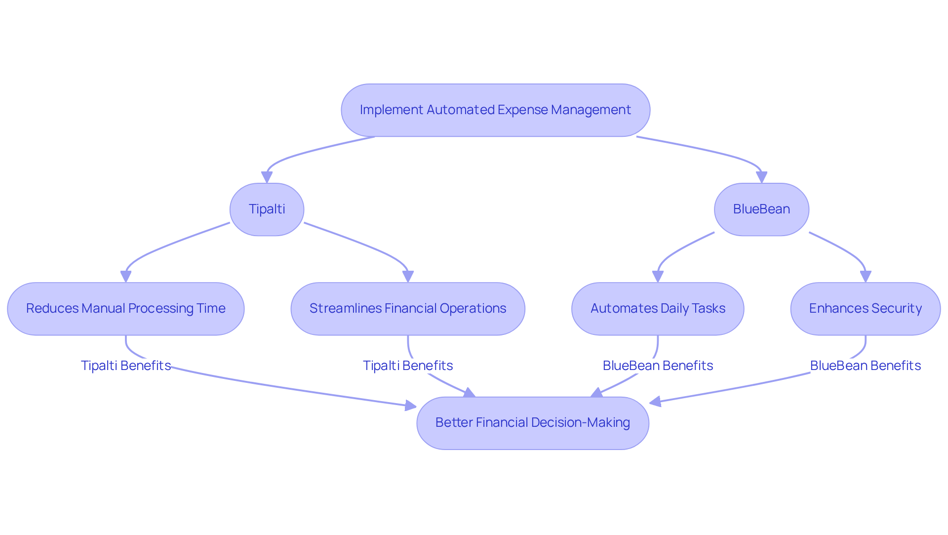 This flowchart shows the steps to implement expense management tools. Start with the implementation, then see how Tipalti and BlueBean contribute to efficiency and security, leading to better financial decision-making.