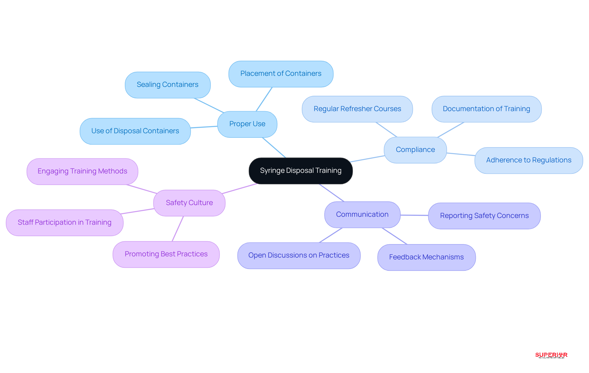 The center represents the main training focus, while the branches show different aspects of the training program. Each sub-branch provides specific actions or guidelines related to that aspect.