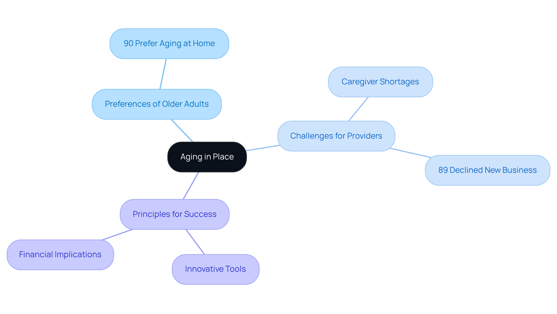 The center represents the concept of aging in place. The branches show the preferences of older adults, the challenges faced by providers, and the principles that can lead to successful aging in place strategies.