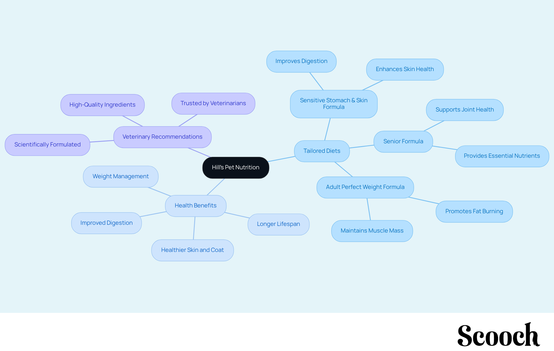 The center represents Hill's Pet Nutrition, with branches showing different tailored diets and their health benefits. Each color-coded branch helps you quickly identify the focus areas and their specific advantages for your dog's health.