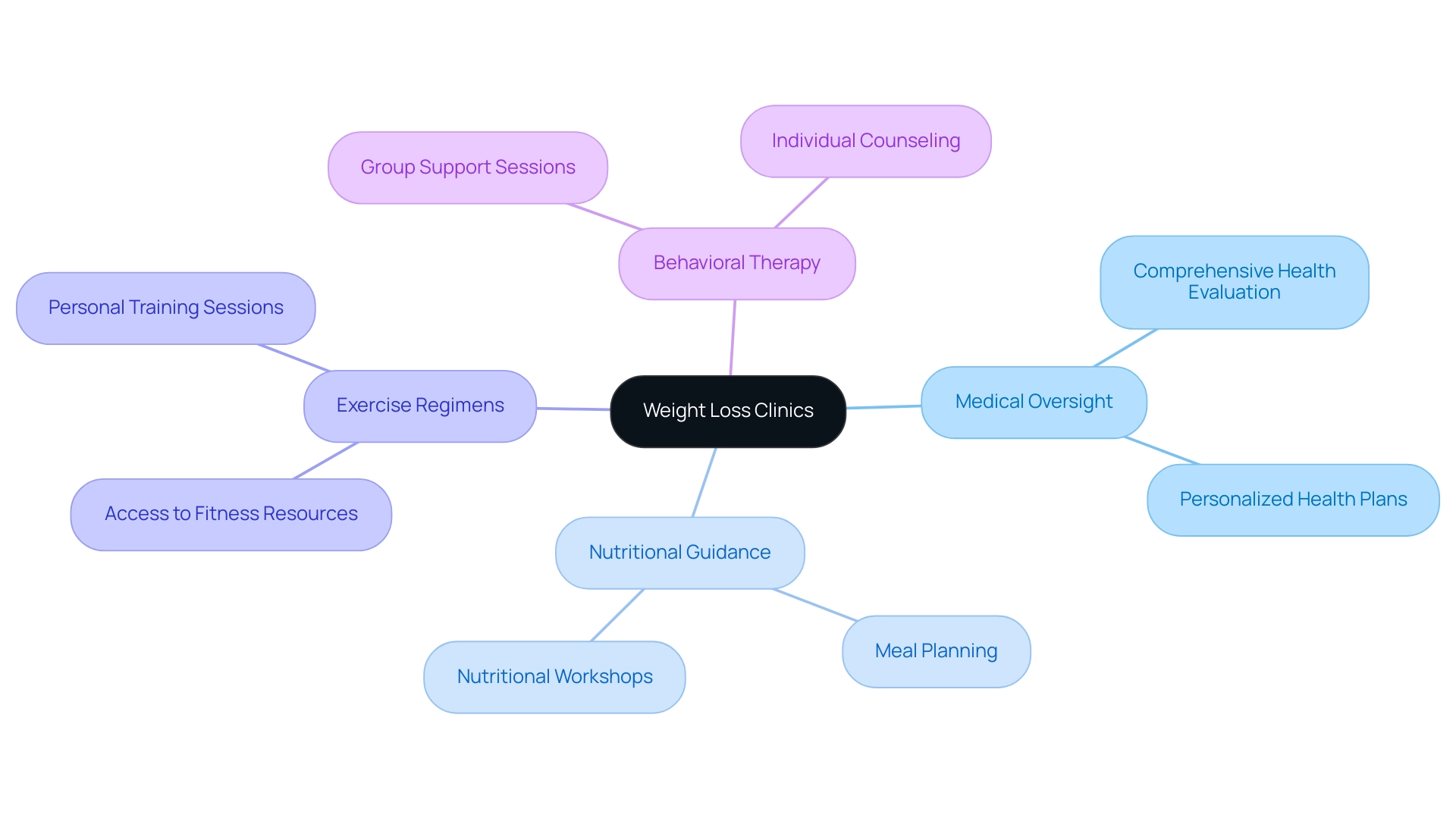 The central node represents weight loss clinics, with branches showing the main components and their respective services.