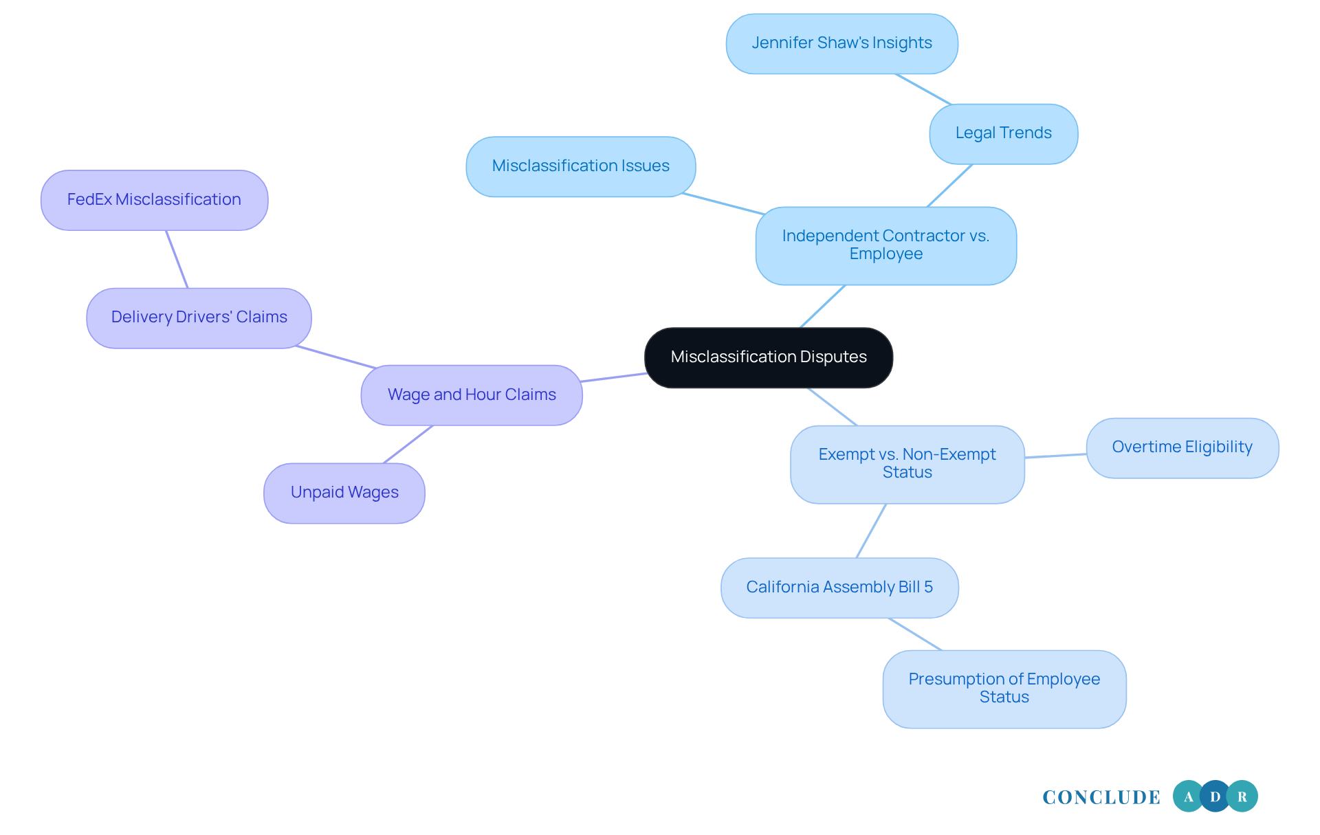 Start at the center with the main topic of misclassification disputes, then explore each branch to see the different types of disputes and their specific examples. Each color-coded branch helps you quickly identify the category and understand the related issues.