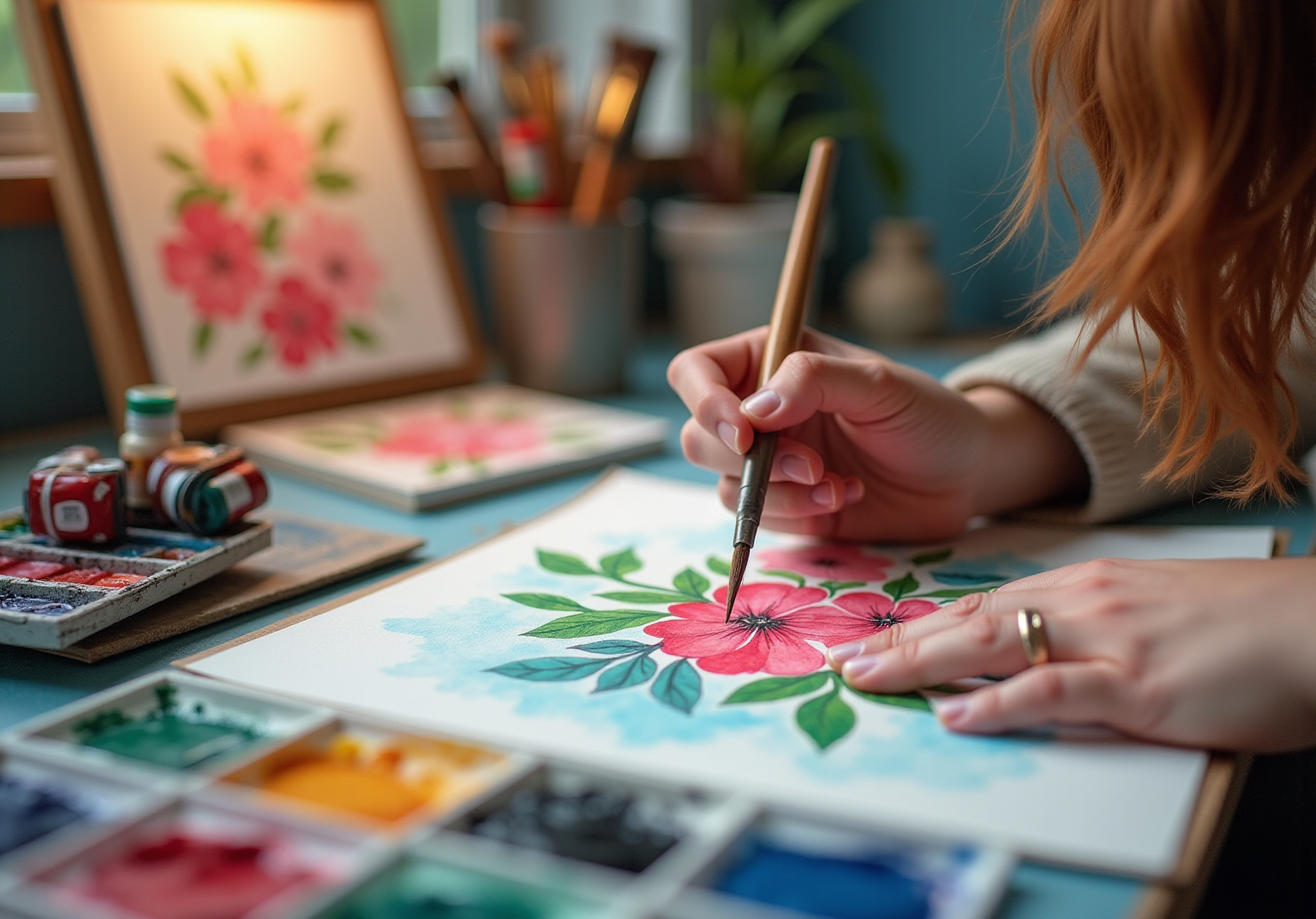 Artist at Work in Watercolor Studio