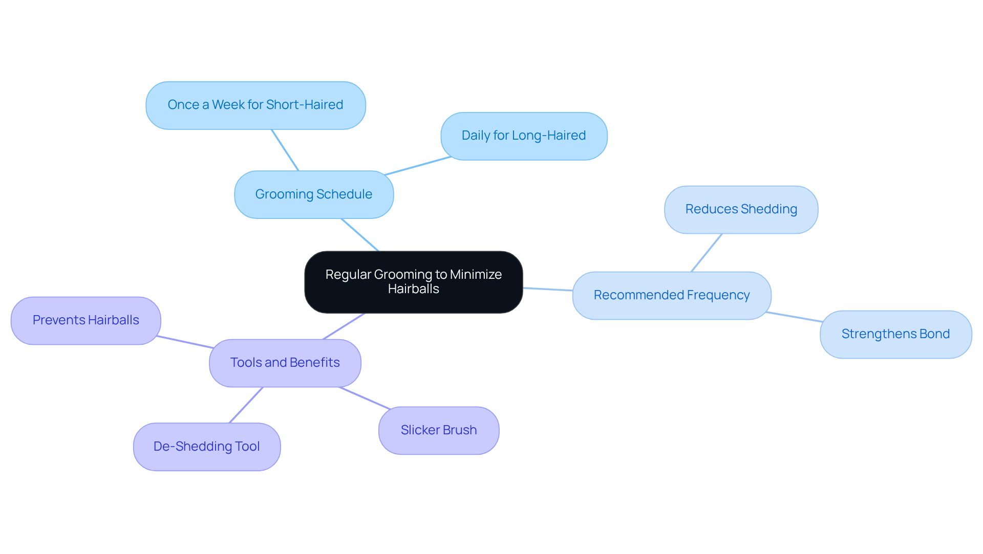 The central node is your main focus: regular grooming. The branches represent different elements like how often to groom and what tools to use. Each sub-point shows specific actions or benefits, helping you easily understand the complete grooming strategy.