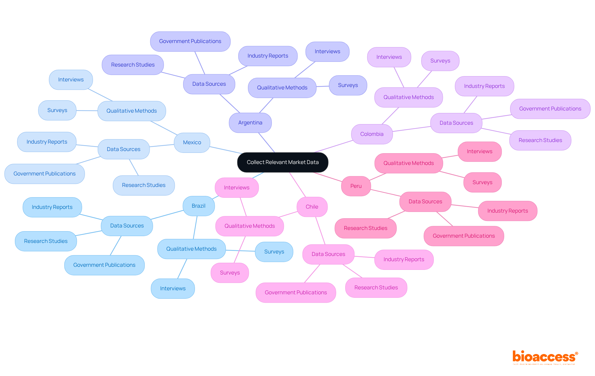 The central node represents the main goal of collecting market data, while the branches show the specific countries and the types of data sources and methods to be used for gathering insights.