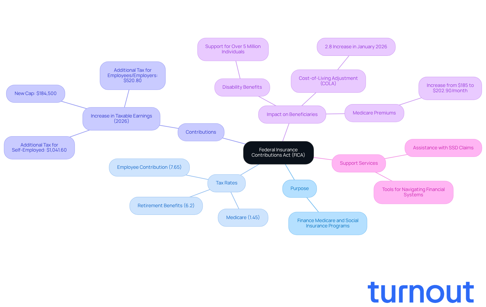 The central node represents FICA, and the branches show its key components and their relationships. Each color-coded branch helps you see how different aspects of FICA connect and impact individuals.