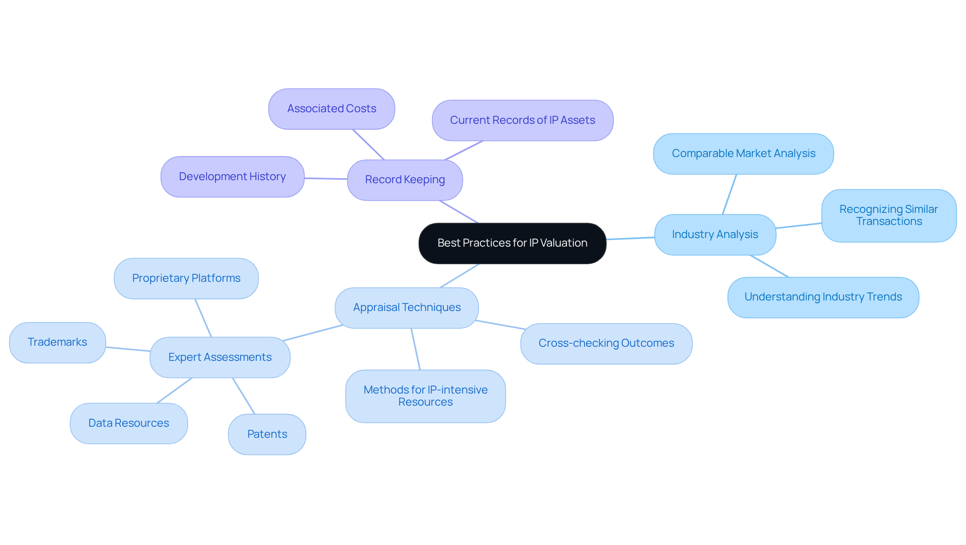 The central node represents the overall theme of IP valuation best practices. Each branch shows a key area of focus, with further details provided in the sub-branches. This layout helps visualize how different strategies connect and support tech CEOs in making informed decisions.