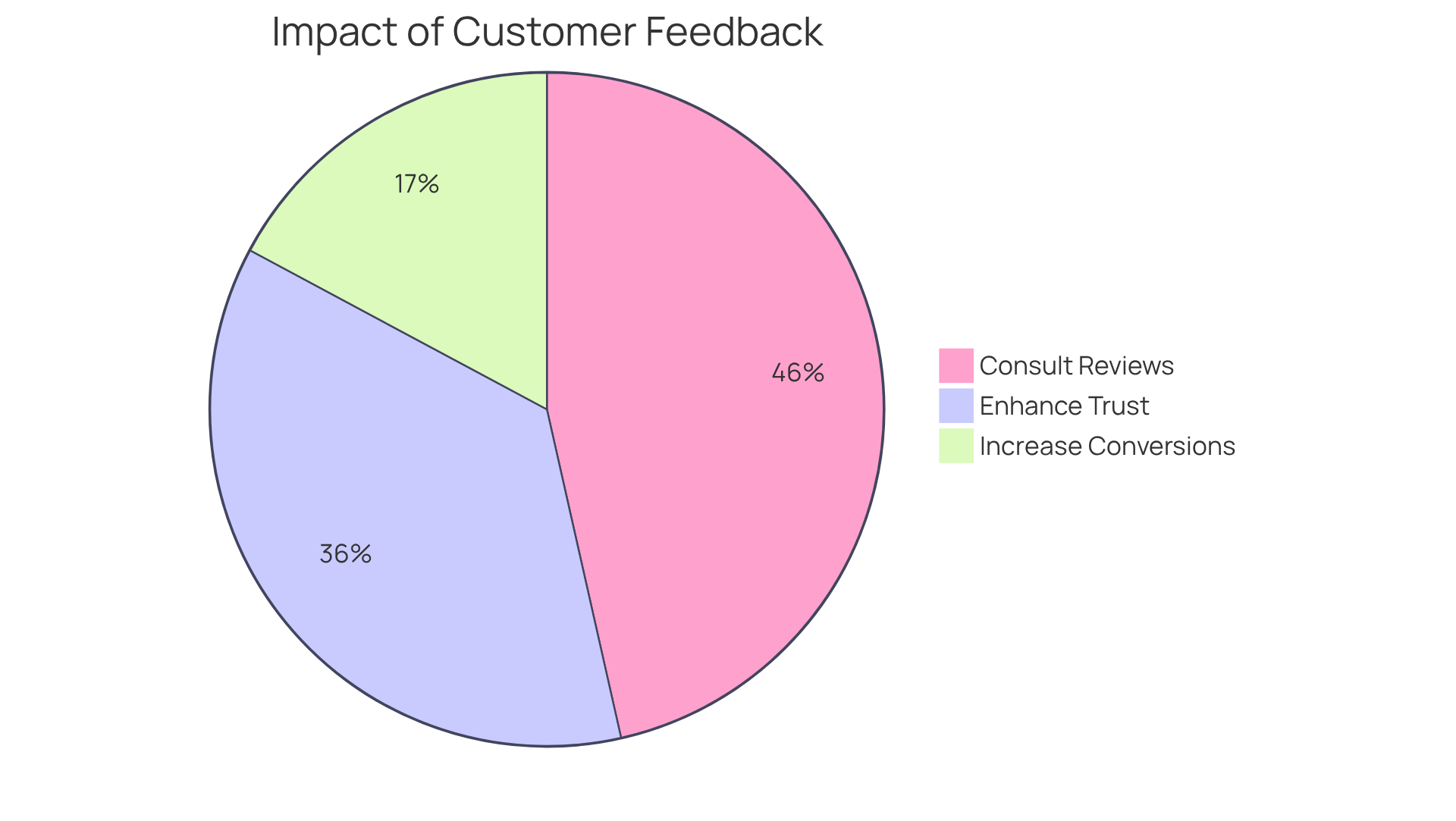 This chart shows how many customers rely on online reviews and how positive feedback influences their trust and purchasing behavior. The larger the segment, the more significant the impact on customer decisions.