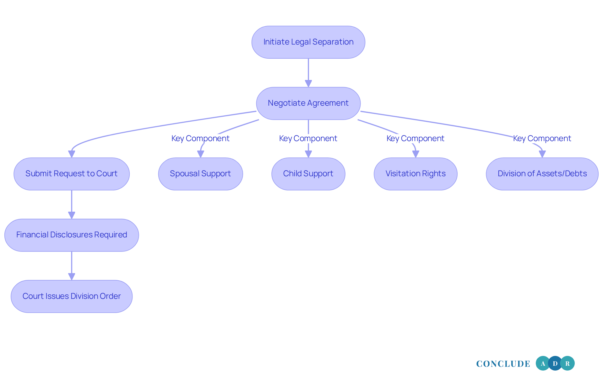 Follow the arrows to see the steps involved in creating a legal separation agreement. Each box represents a key stage, and the side branches highlight important components to consider.