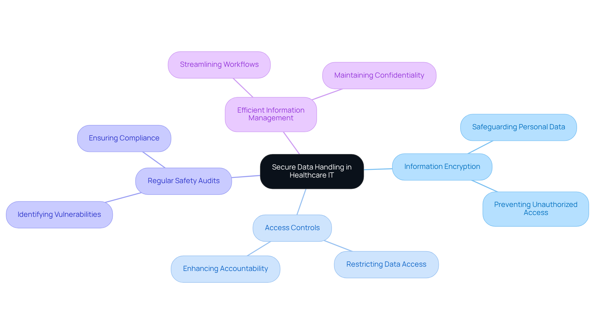 The center represents the main focus on secure data handling, with branches showing specific protective measures and their benefits. Follow the branches to understand how each measure contributes to patient safety and compliance.
