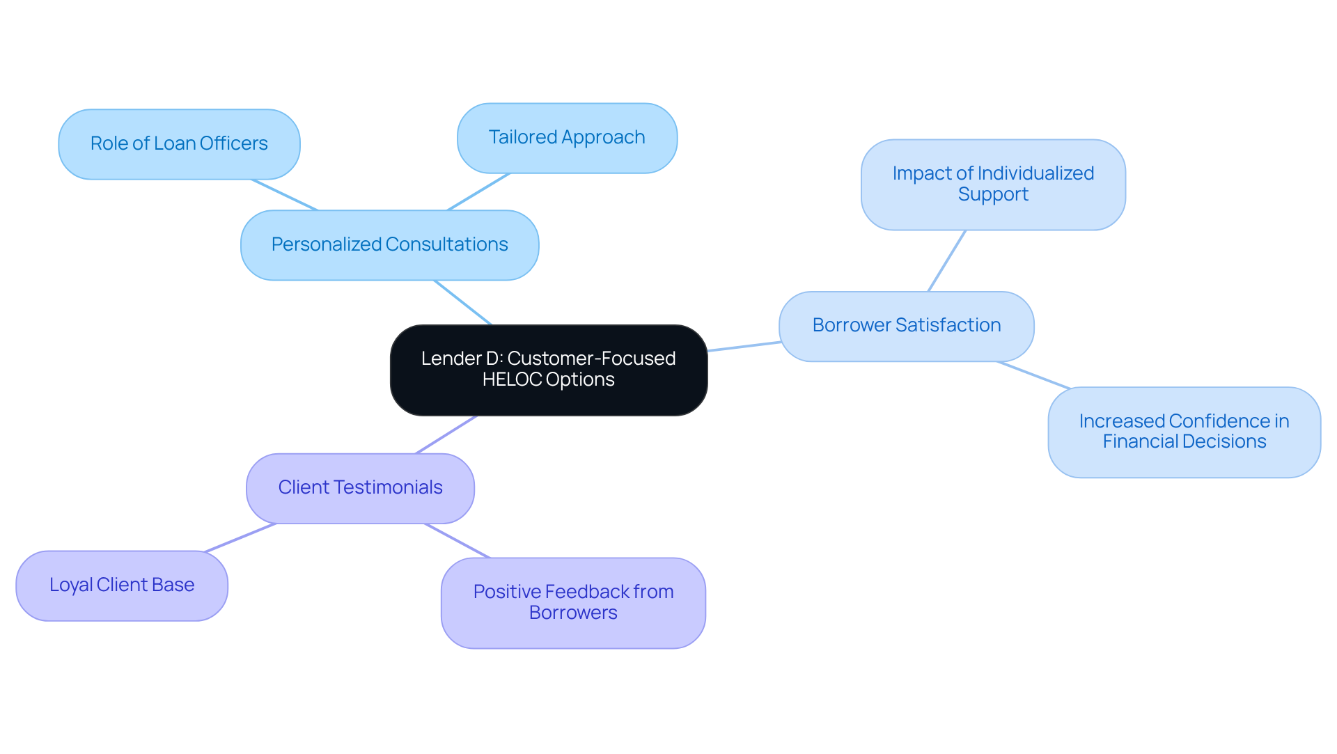 Start at the center with Lender D's focus on customer service, then explore how personalized consultations and borrower satisfaction contribute to their success. Each branch represents a key aspect of their approach.