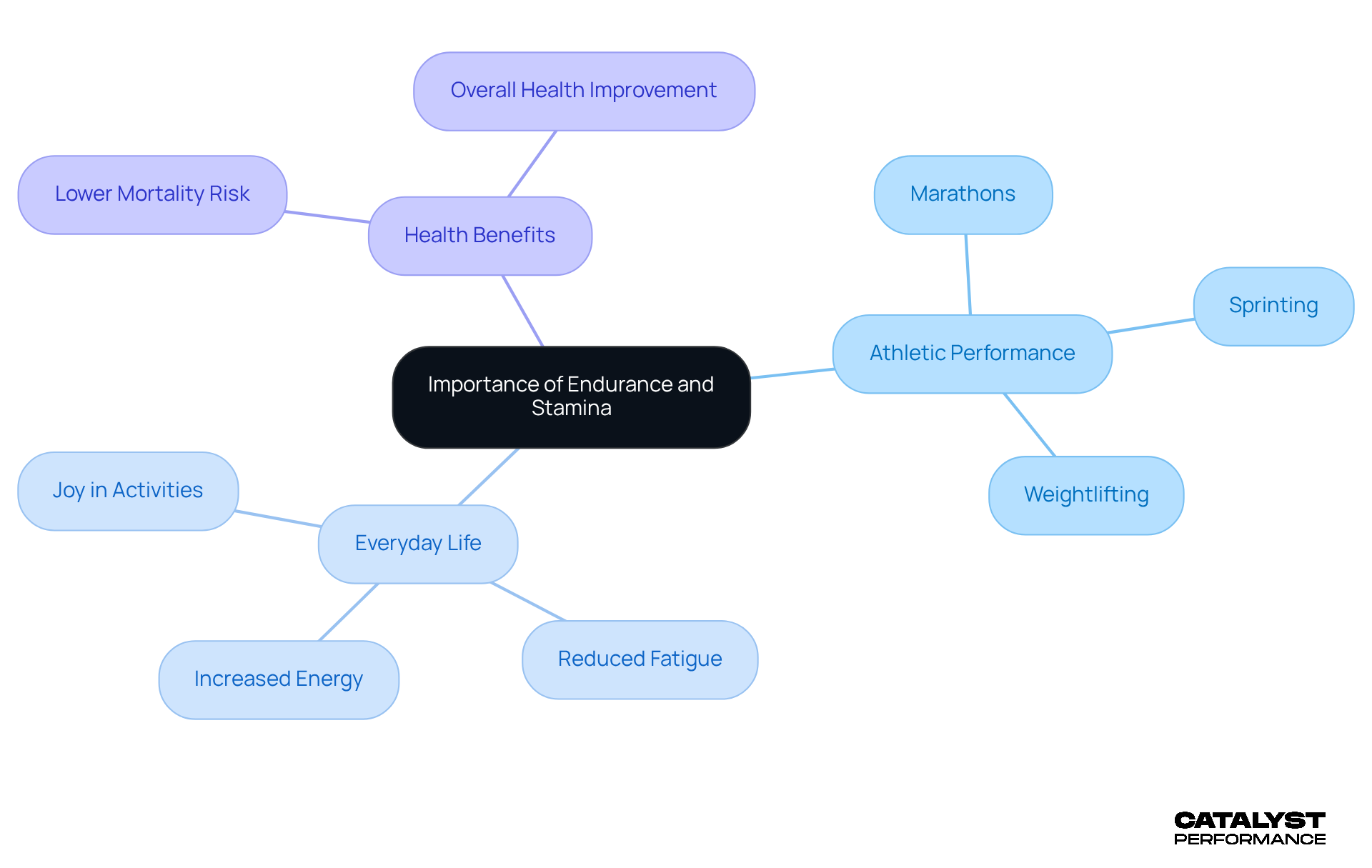 Start at the center with the main idea of endurance and stamina, then follow the branches to explore how these qualities impact athletic performance, daily life, and health. Each branch represents a different aspect, making it easy to see the connections.