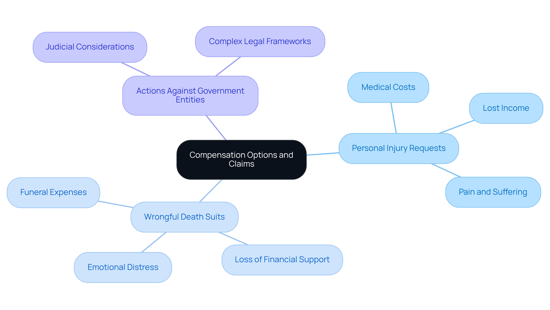 This mindmap shows the different types of claims victims can pursue after the crash. Each branch represents a type of claim, and the sub-branches detail what each claim can cover. Follow the branches to understand your options and the support available. This mindmap shows the different types of claims victims can pursue after the crash. Each branch represents a type of claim, and the sub-branches detail what each claim can cover. Follow the branches to understand your options and the support available.