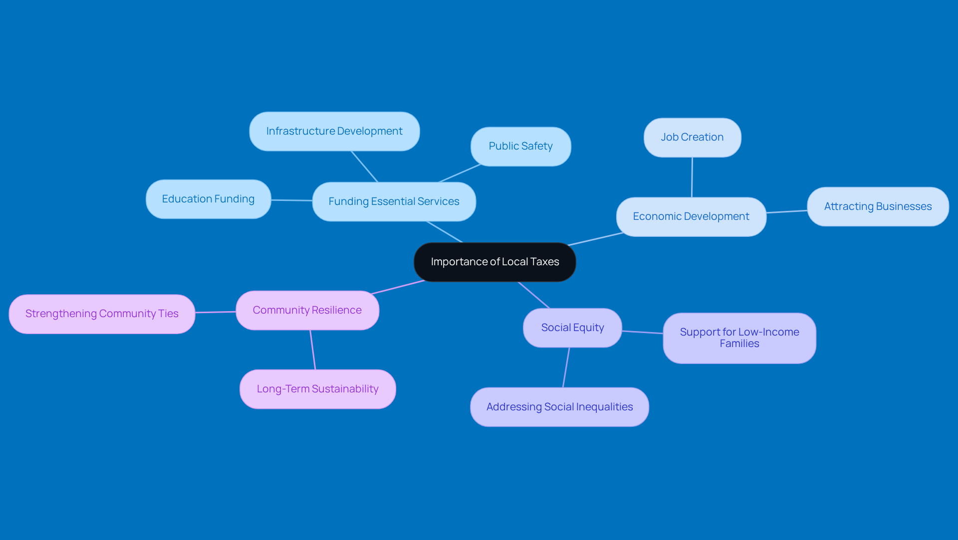 The central node represents the main idea about local taxes. Each branch shows a key theme related to how these taxes impact our communities, with further details provided in the sub-branches.