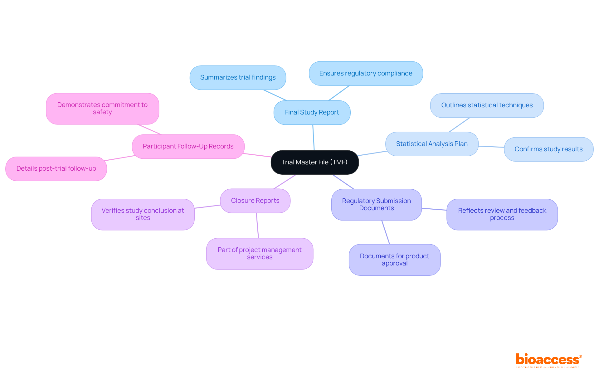 The center represents the Trial Master File, while each branch shows a critical document required for its completion. Each document has a specific role in ensuring regulatory compliance and data integrity.
