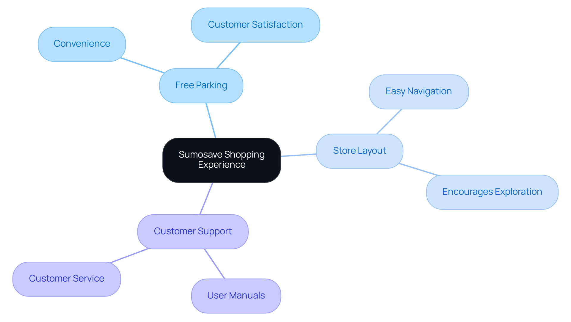 The central node represents the overall shopping experience, while the branches show key components that enhance customer satisfaction. Each branch highlights specific features that contribute to a hassle-free shopping environment.
