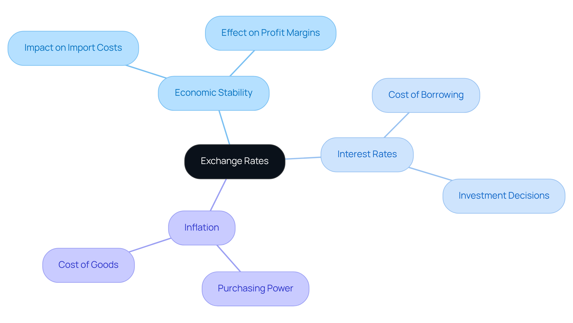 The central node represents exchange rates, while the branches show the factors that influence them and their effects on businesses. Follow the branches to understand how each factor contributes to the overall picture.