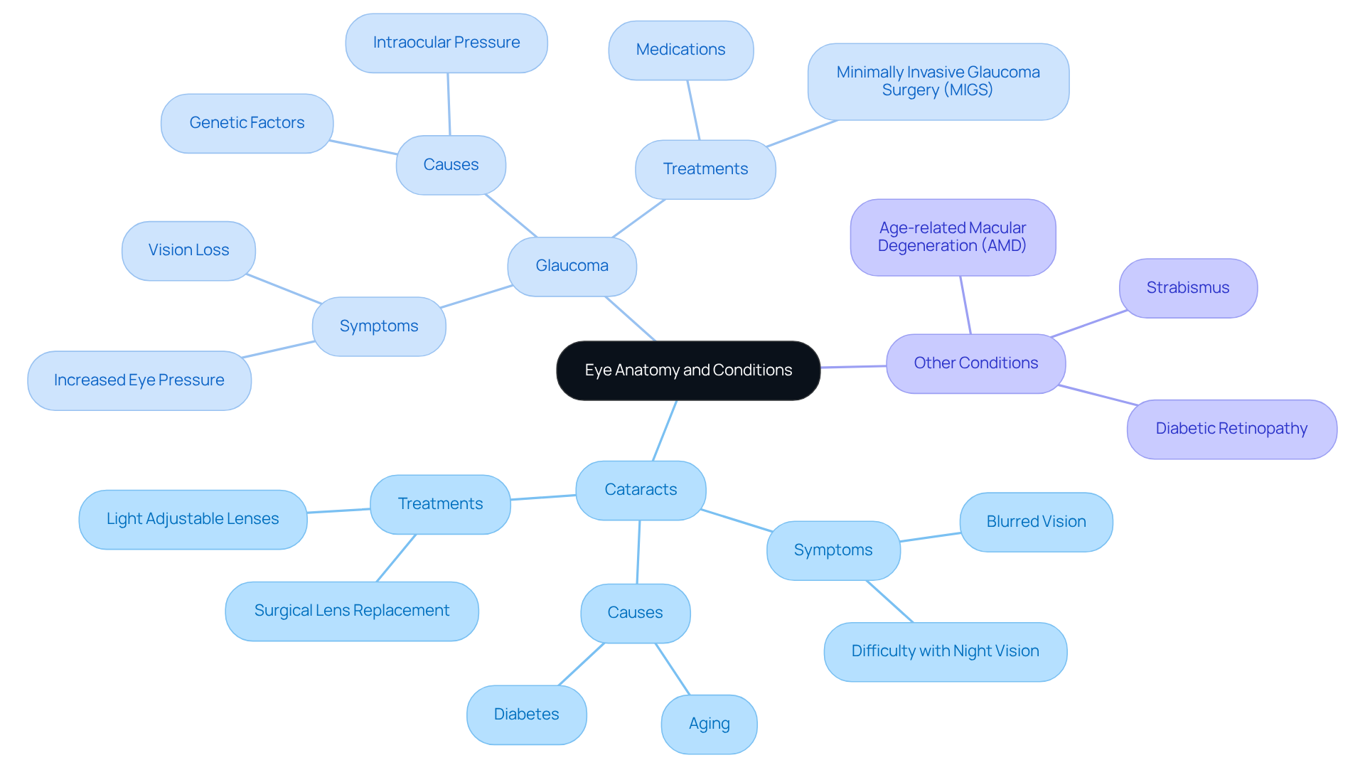 The central node represents the overall topic, while the branches show specific conditions and their details. Each color-coded branch helps you see how different aspects of eye health are connected. The central node represents the overall topic, while the branches show specific conditions and their details. Each color-coded branch helps you see how different aspects of eye health are connected.