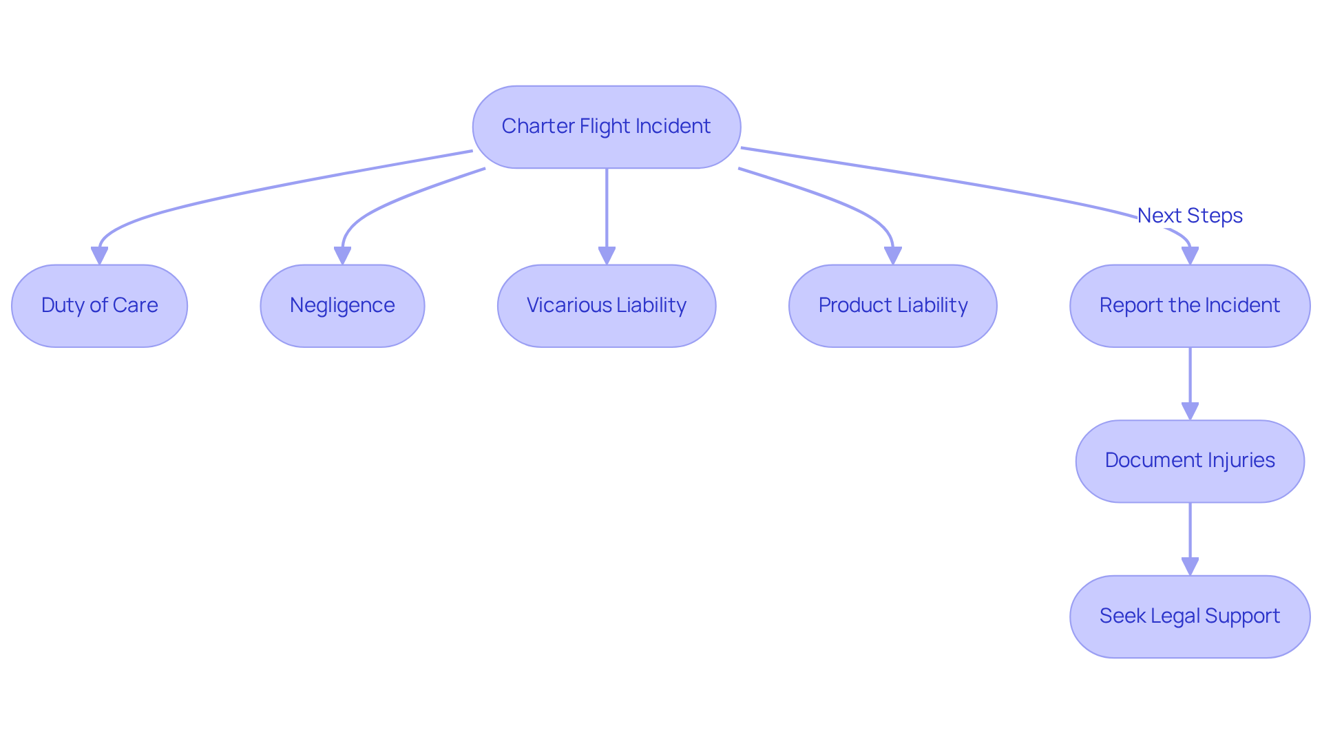 This flowchart guides you through the legal responsibilities related to charter flight incidents and the steps victims should take afterward. Follow the arrows to understand the legal concepts and the actions you can take to protect your rights.