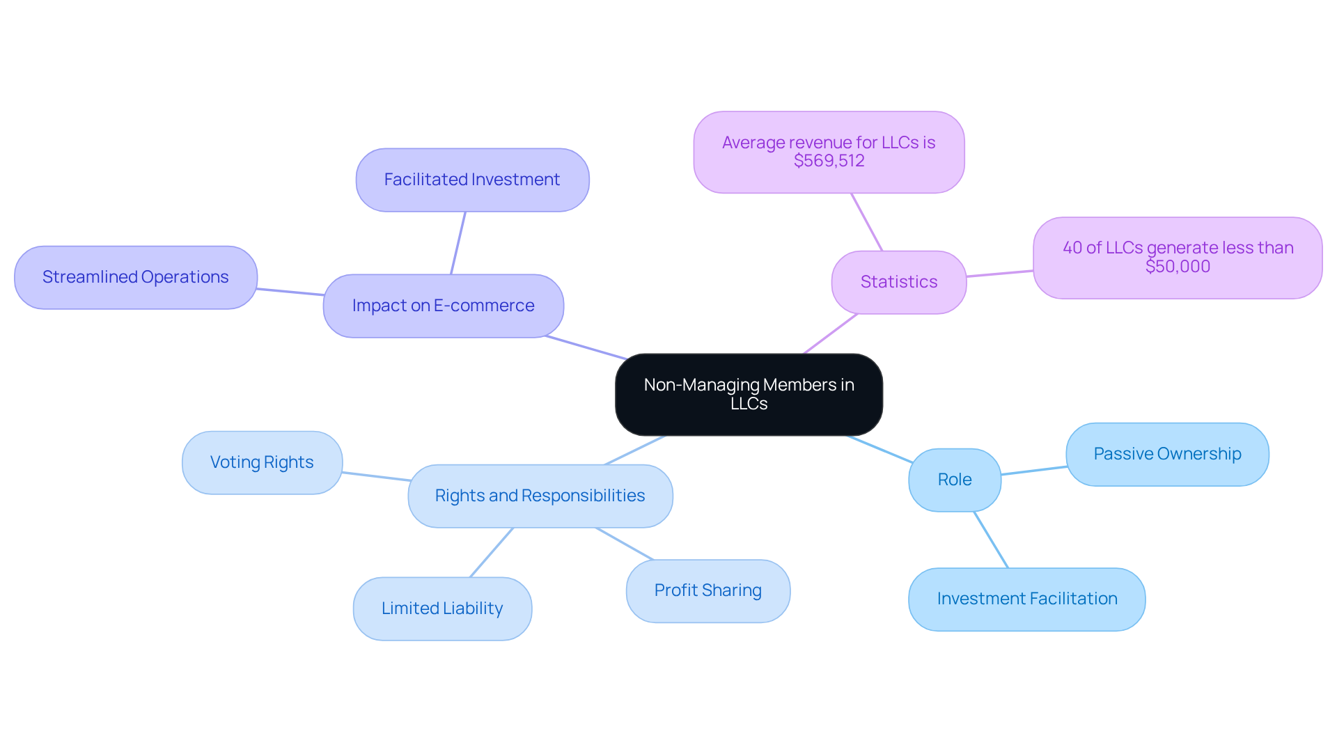 The center represents Non-Managing Members, with branches showing their roles, responsibilities, and impact. Each branch connects to specific details, helping you see how everything relates. The center represents Non-Managing Members, with branches showing their roles, responsibilities, and impact. Each branch connects to specific details, helping you see how everything relates.