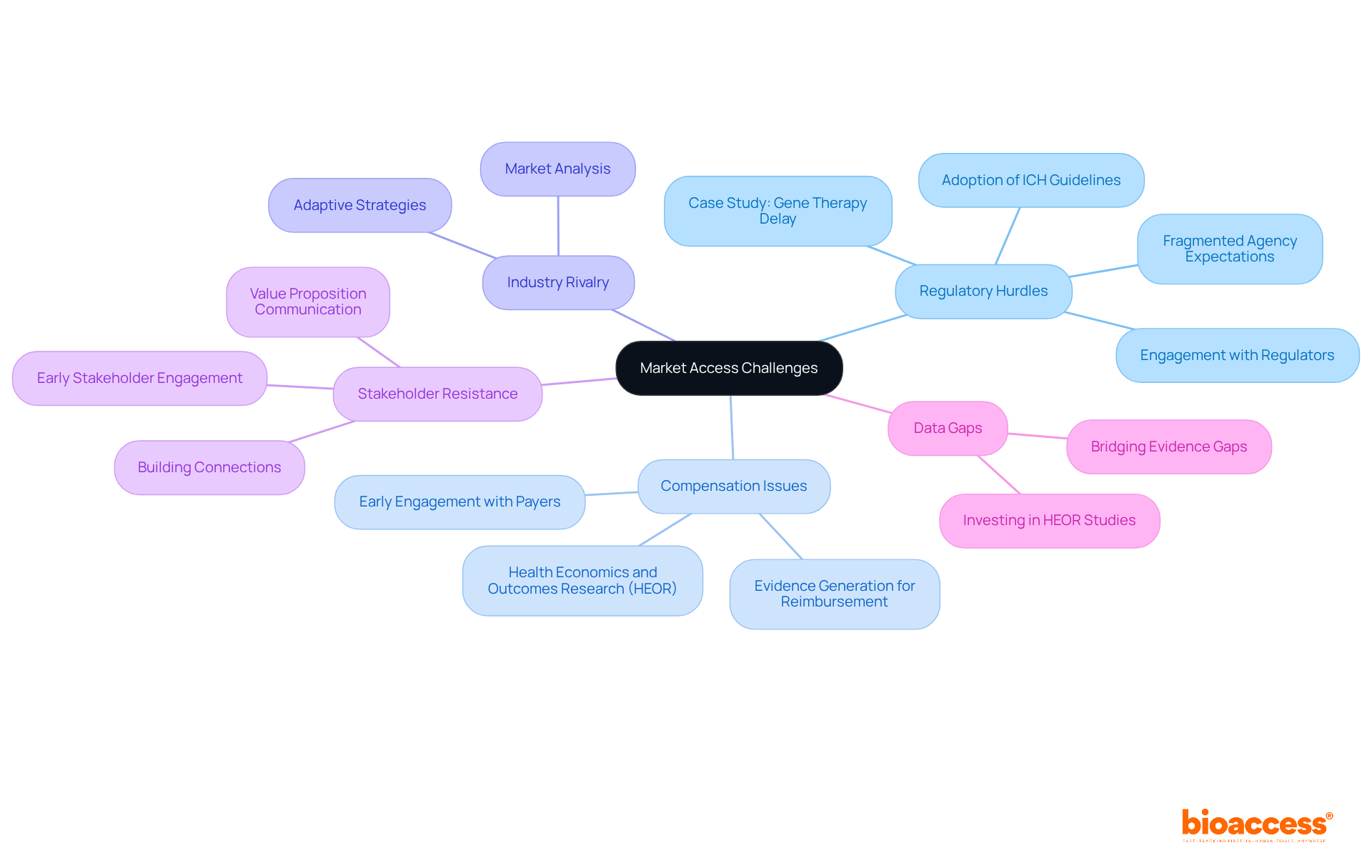 The central node represents the overall theme of market access challenges. Each main branch indicates a specific challenge, with sub-branches detailing strategies or examples to tackle that challenge.