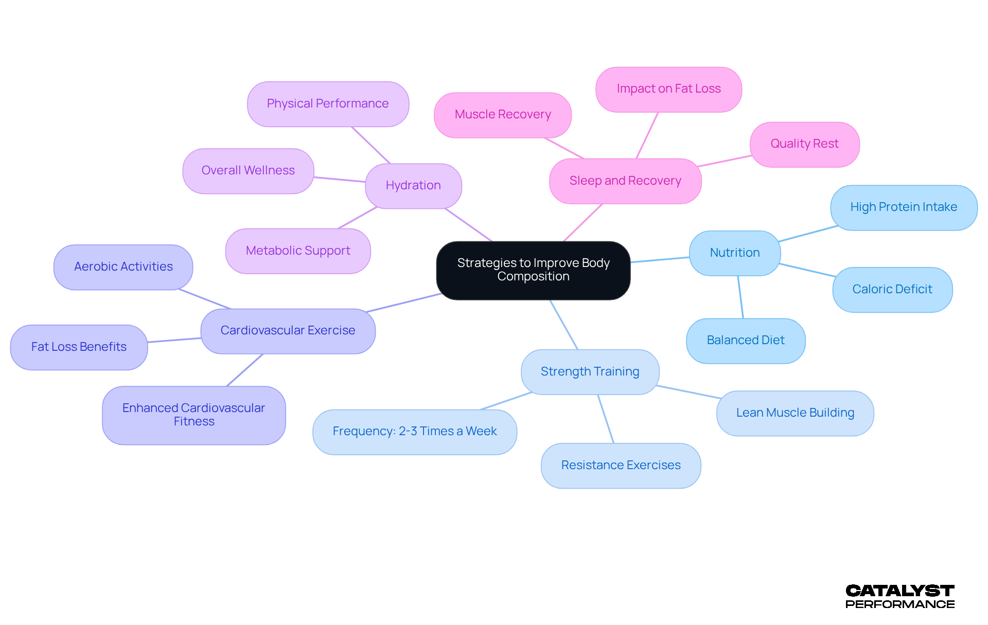 The central node represents the main goal of improving body composition. Each branch shows a strategy, and the sub-branches provide details on how to implement that strategy. Follow the branches to explore each area and understand how they contribute to your overall health. The central node represents the main goal of improving body composition. Each branch shows a strategy, and the sub-branches provide details on how to implement that strategy. Follow the branches to explore each area and understand how they contribute to your overall health.