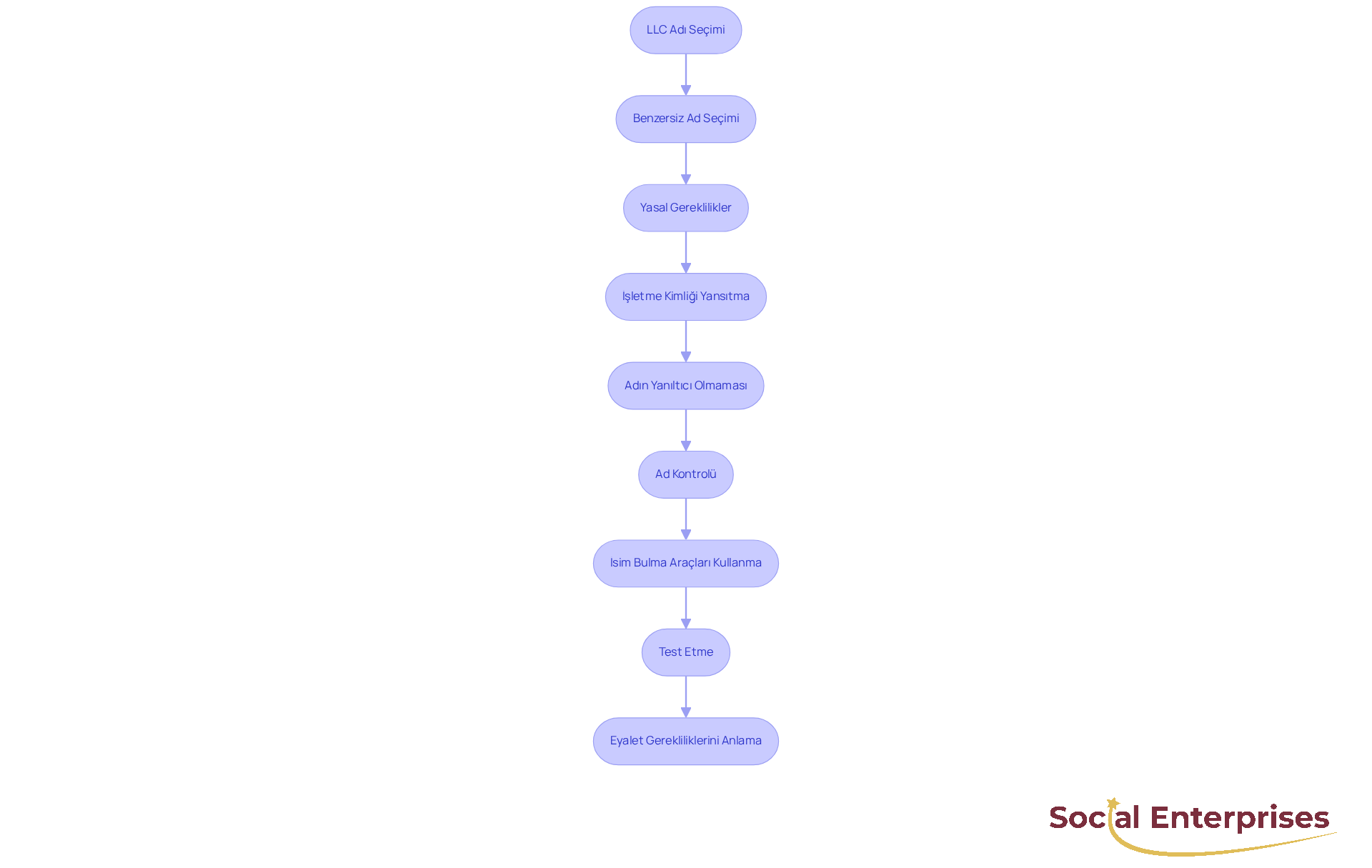 Her kutu, LLC adı seçerken dikkate almanız gereken bir adımı temsil eder. Okuyucular, kutular arasındaki oklar sayesinde adımların nasıl ilerlediğini görebilir.