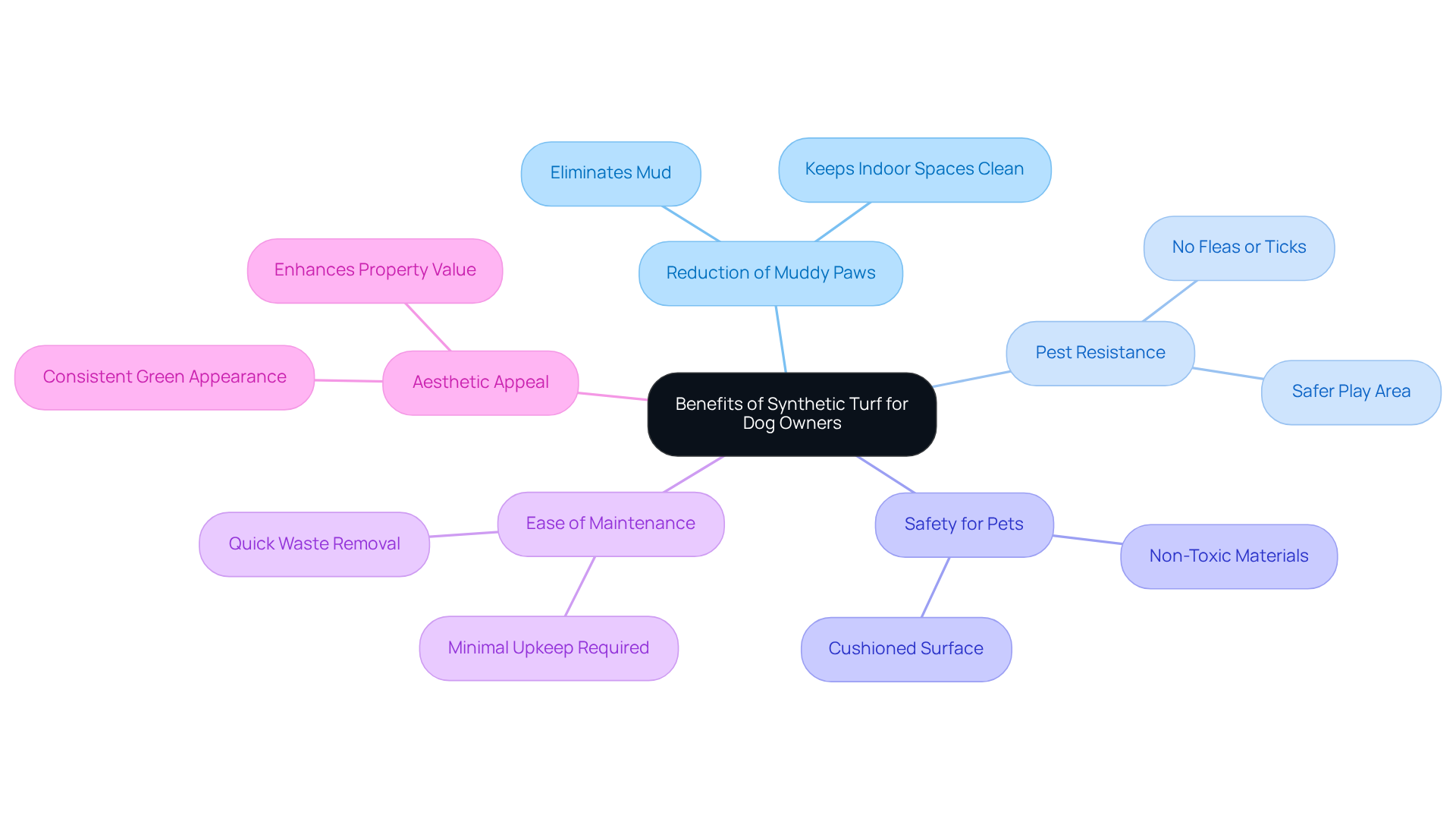 The center shows the main topic, and each branch represents a specific benefit of synthetic turf. Follow the branches to learn how each benefit contributes to a better environment for dogs. The center shows the main topic, and each branch represents a specific benefit of synthetic turf. Follow the branches to learn how each benefit contributes to a better environment for dogs.