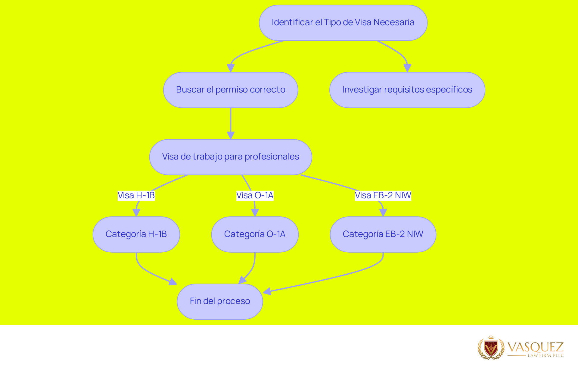 Cada cuadro representa un paso en el proceso de obtención de una visa. Sigue las flechas para entender cómo avanzar desde la identificación hasta la obtención del permiso adecuado.
