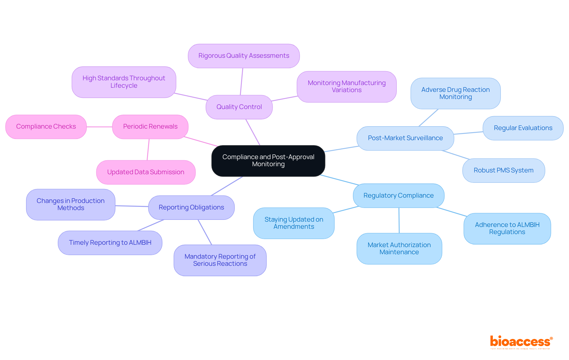 The central node represents the main focus on compliance and monitoring. Each branch shows a key component that supports this focus, helping you understand how they all connect to ensure patient safety and product effectiveness. The central node represents the main focus on compliance and monitoring. Each branch shows a key component that supports this focus, helping you understand how they all connect to ensure patient safety and product effectiveness.