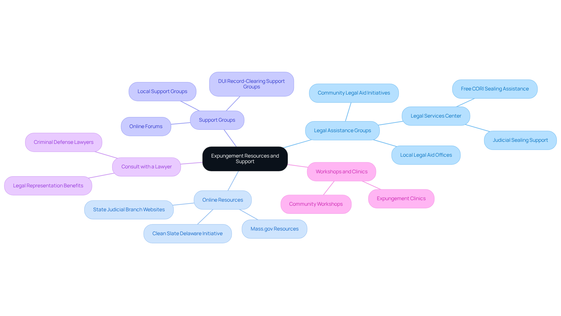 This mindmap shows various resources you can use to help with the expungement process. Each branch represents a different type of support, and you can follow the branches to see specific options and examples under each category.